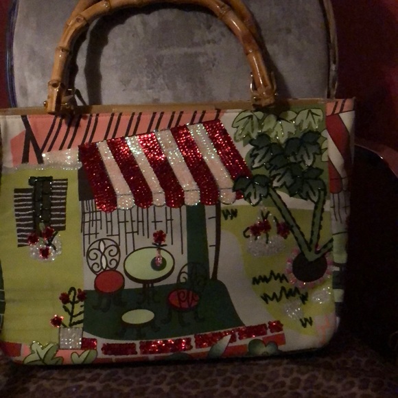 Bags | Brand New Sequin Cafe Scene Bag With Wood Handles | Poshmark
